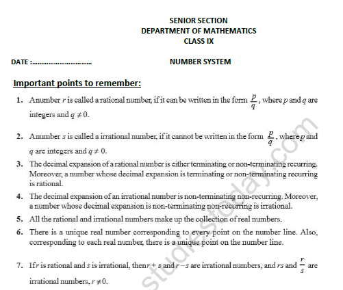 CBSE Class 9 Mathematics Number Systems Worksheet Set B